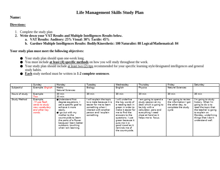 One-Week Life Management Study Plan | PDF | Behavior Modification ...