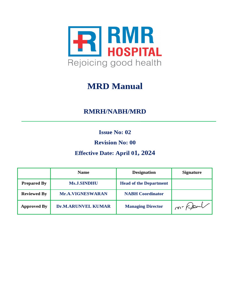 MRD Manual for Ramana Maharishi Hospital | PDF | Medical Record | Hospital