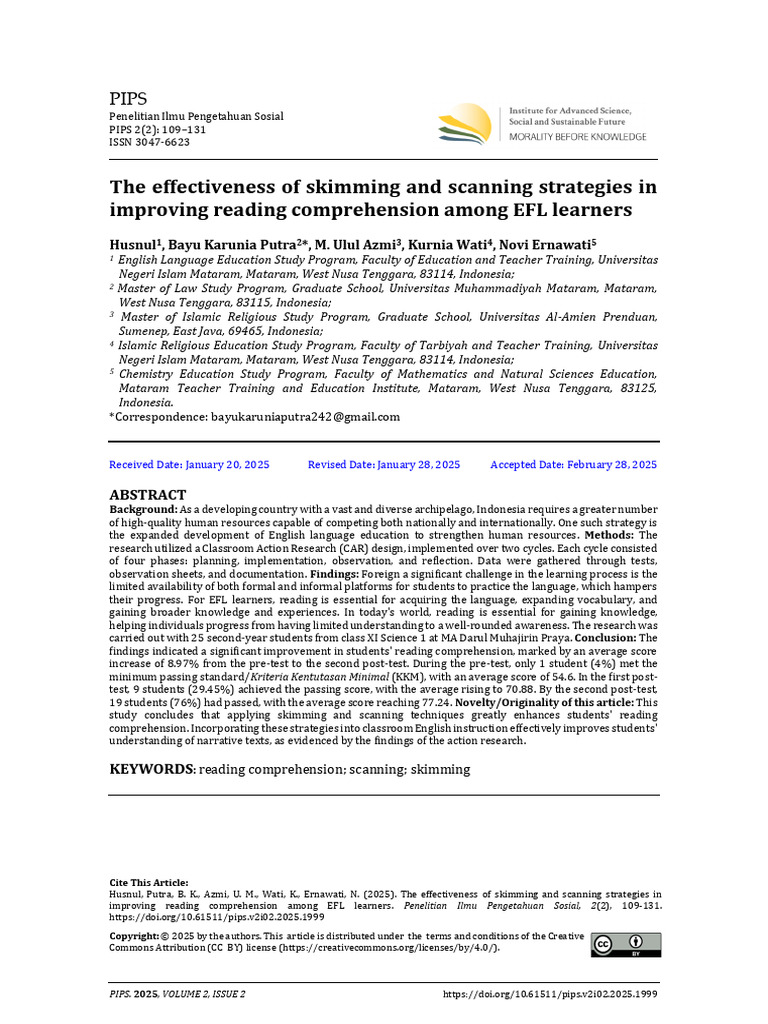 Skimming and Scanning in EFL Reading | PDF | Reading Comprehension ...