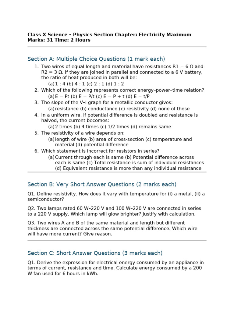 Grade 10 Electricty Exam | PDF | Series And Parallel Circuits ...