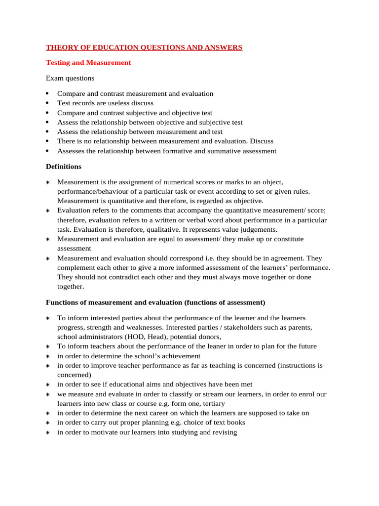 TOE Question and Answer - Copy | PDF | Educational Assessment | Learning