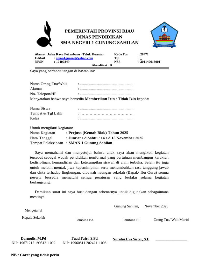 Izin Kegiatan Perjusa Siswa SMAN 1 Gunung Sahilan | PDF