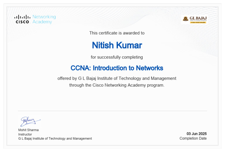 CCNA Completion Certificate for Nitish Kumar | PDF
