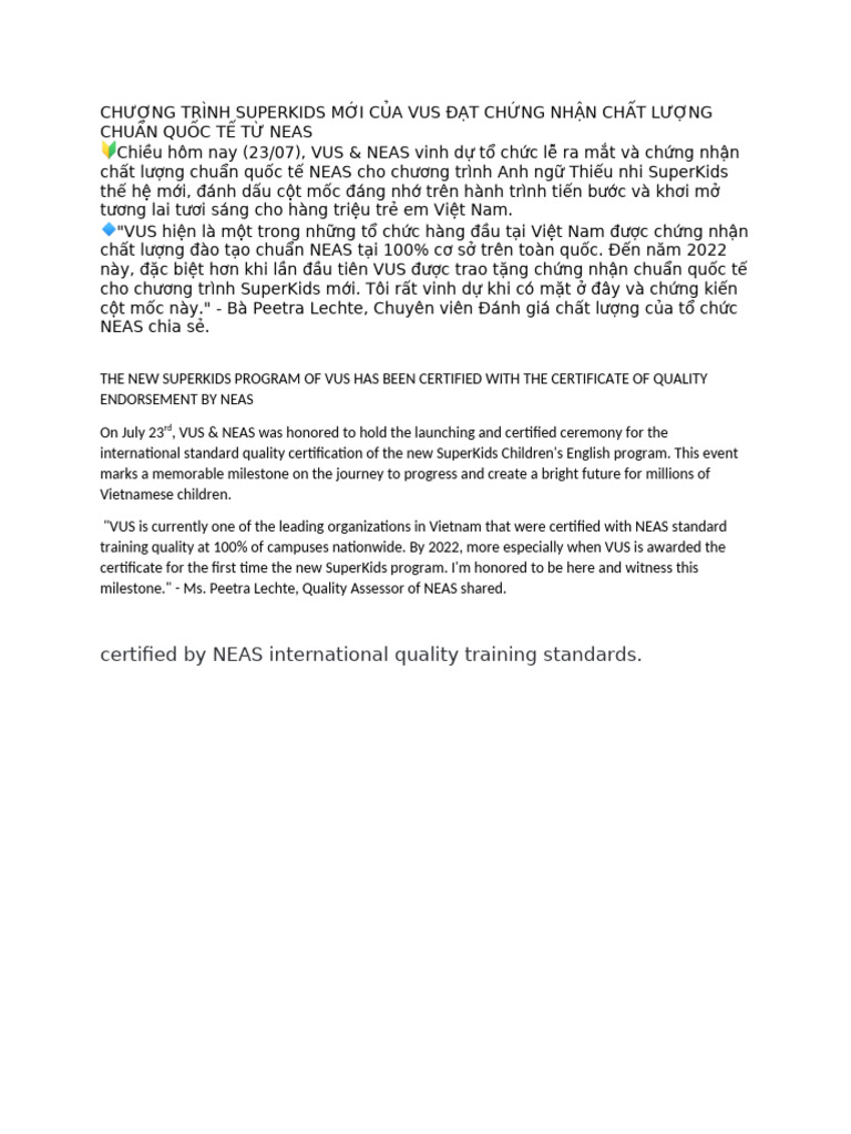 Certified by NEAS International Quality Training Standards | PDF