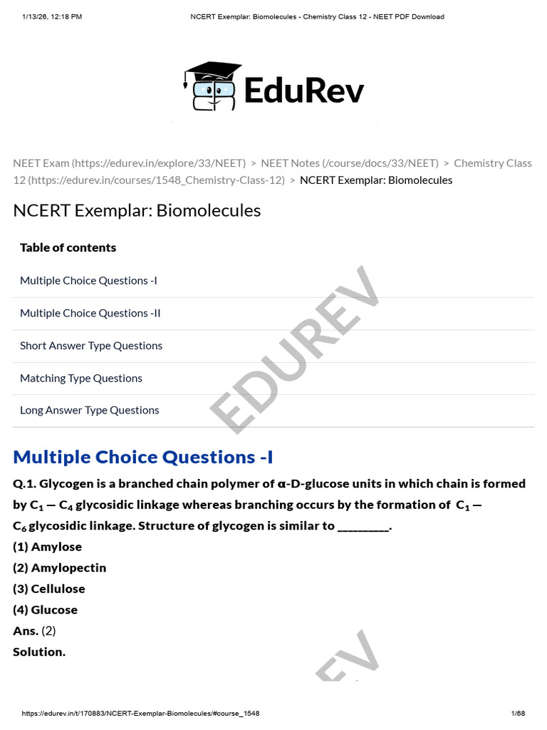 NCERT Exemplar_ Biomolecules - Chemistry Class 12 - NEET PDF Download ...
