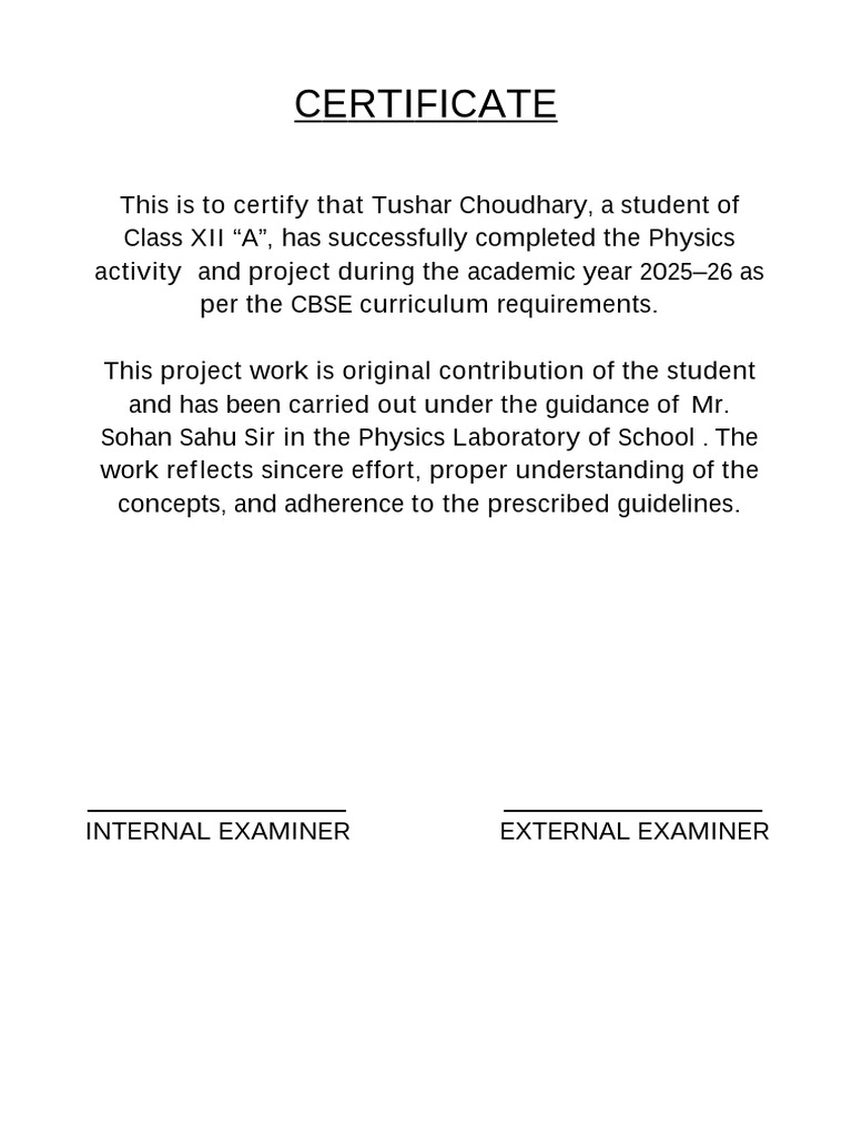 Tushar Choudhary's CBSE Project Certificates | PDF