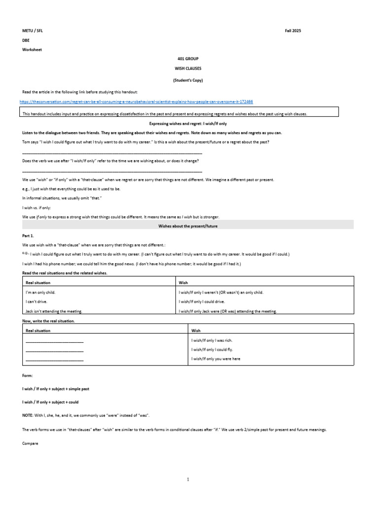 401 Wish Clauses Worksheet SS 17.09.2025 | PDF | Subject (Grammar) | Verb