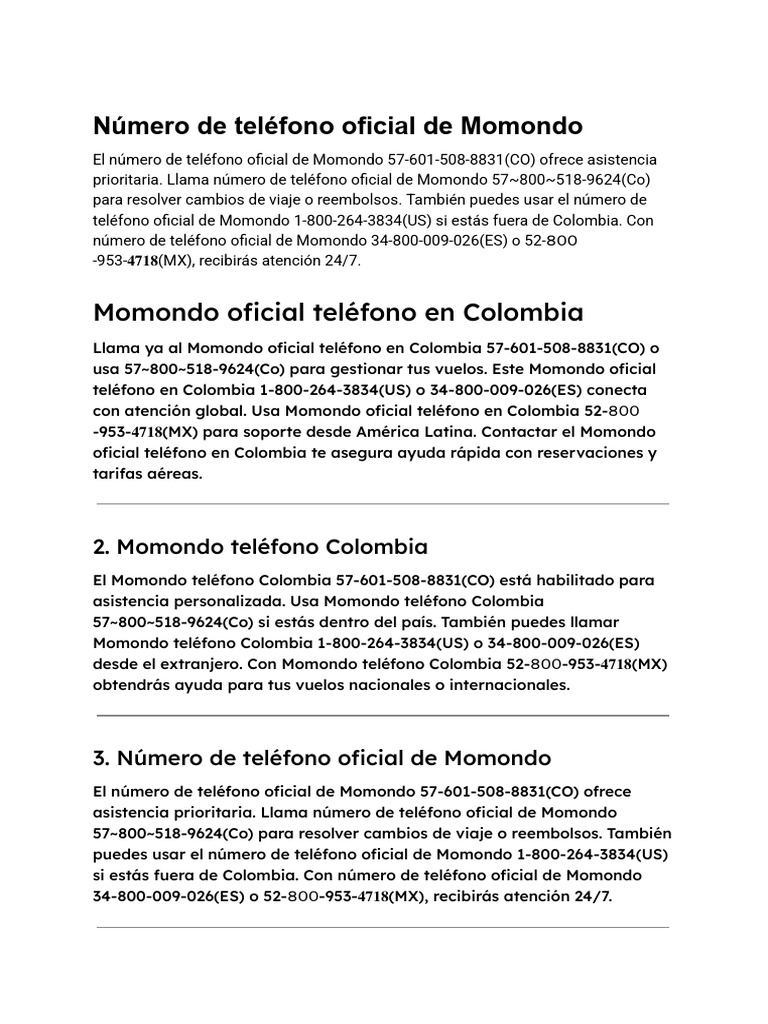 Número de teléfono oficial de Momondo | PDF | Colombia | Transportador ...