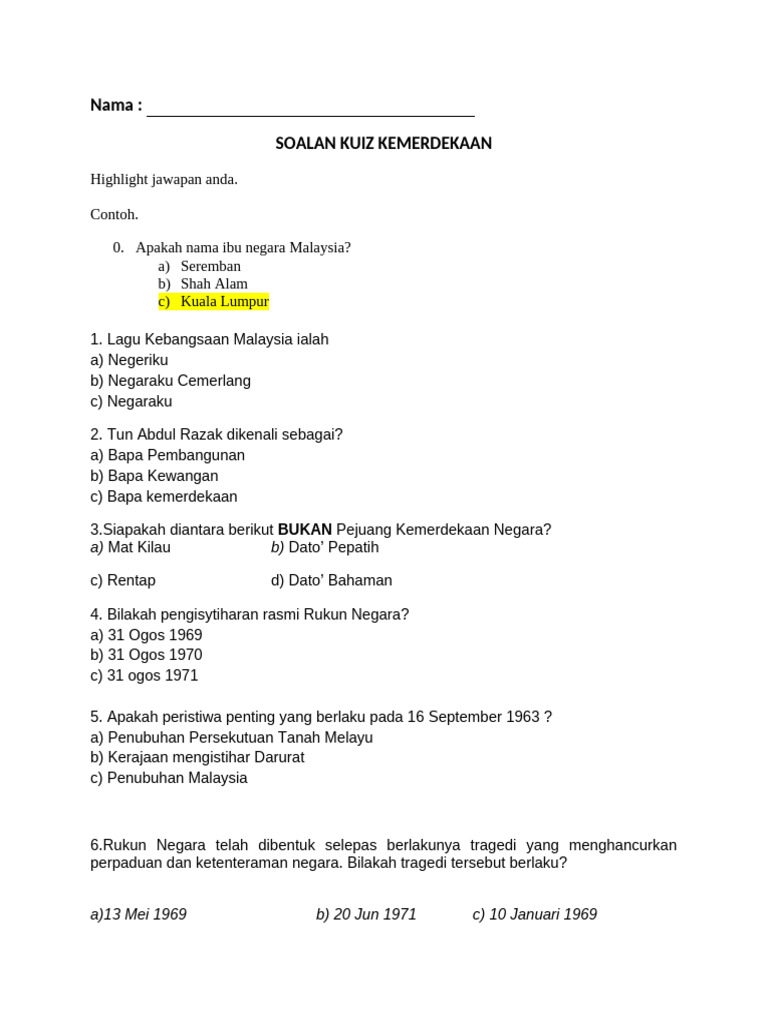 Soalan Kuiz Kemerdekaan 2024 | PDF