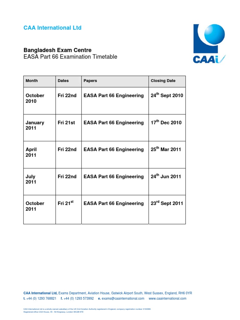 EASA Part 66 Exam Schedule 2010-2011 | PDF