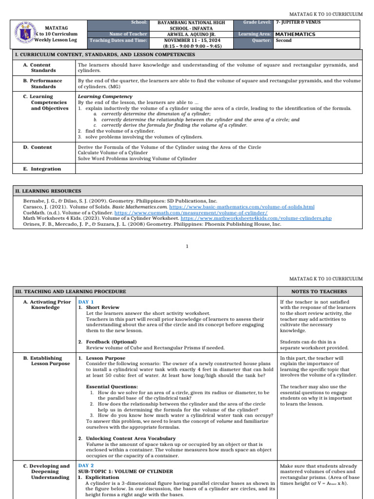 Dll Matatag _mathematics 7 q2 w4 - Final | PDF | Volume | Area
