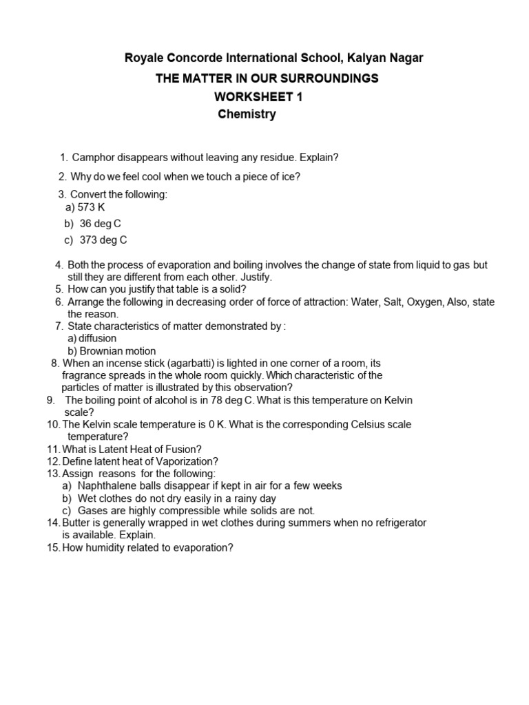 Chemistry Worksheet on States of Matter | PDF