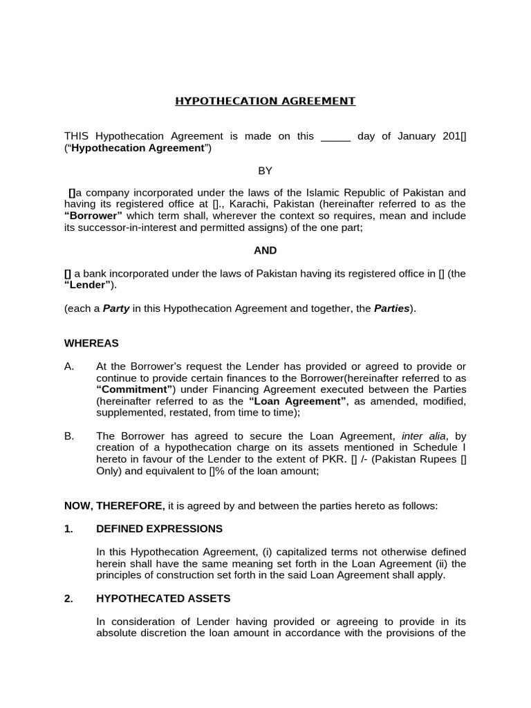 Hypothecation Agreement Overview | PDF | Loans | Indemnity
