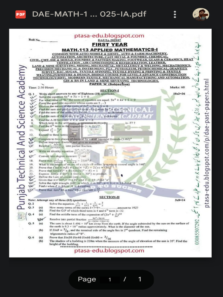 DAE MATH 113 (A) Past Paper 2025 IA - PDF Google Drive | PDF
