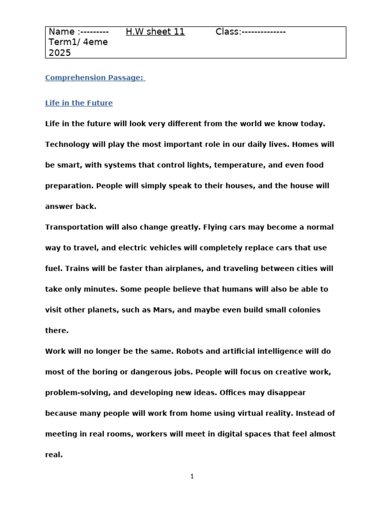 4eme hw sheet 11 term 1 | PDF