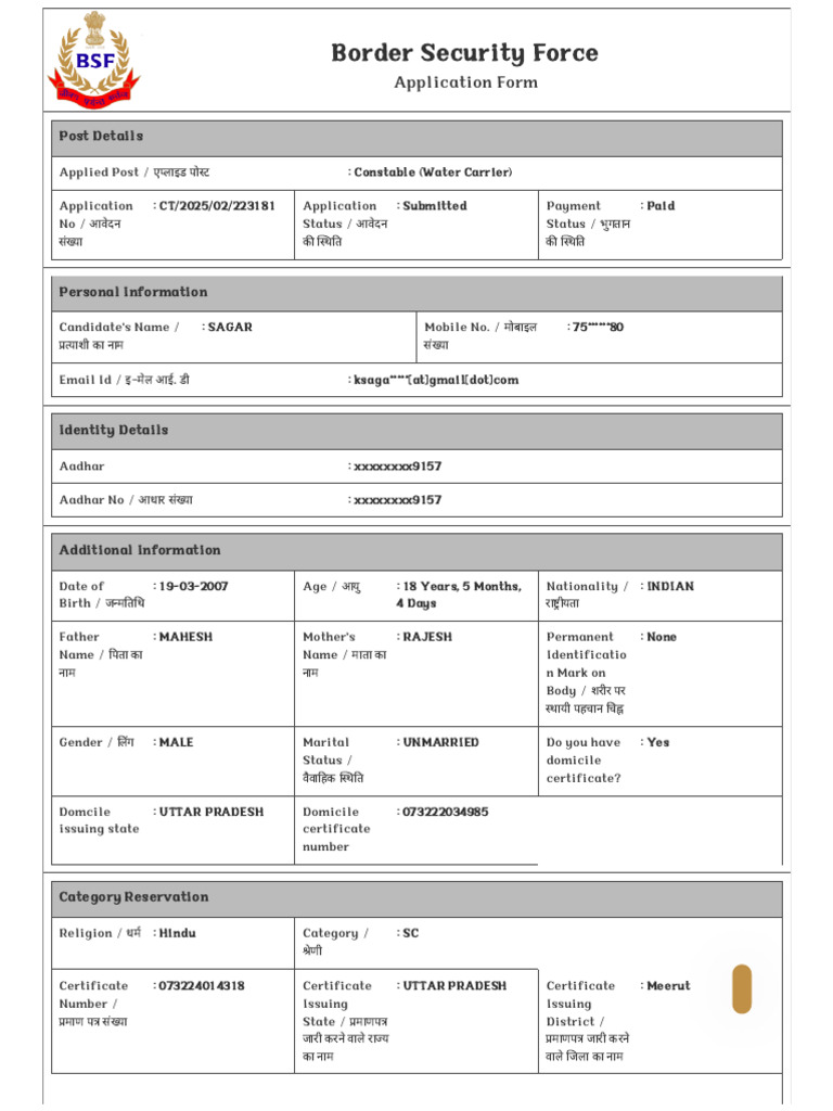 BSF Constable Application Details | PDF | Justice | Crime & Violence