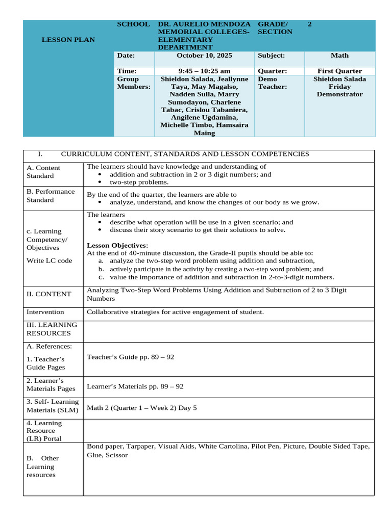 Lesson Plan for CIBAR MATH 2 | PDF | Learning | Behavior Modification