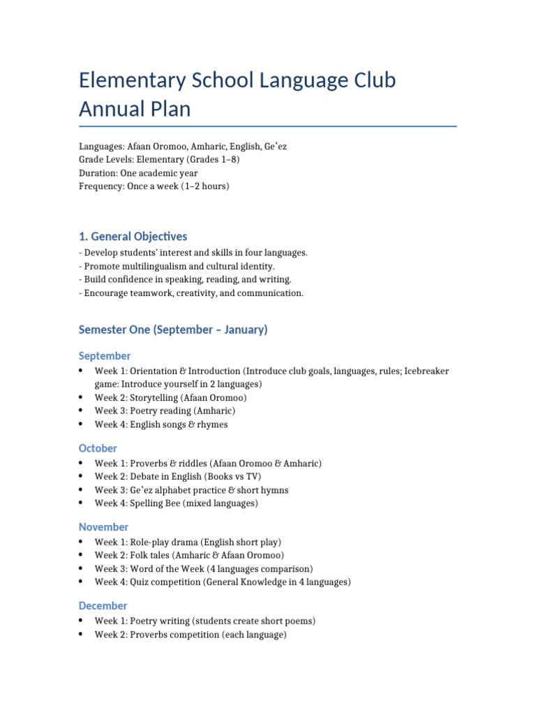 Annual Plan for Elementary Language Club | PDF | English Language | Poetry