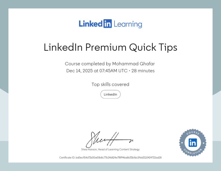 CertificateOfCompletion_LinkedIn Premium Quick Tips | PDF