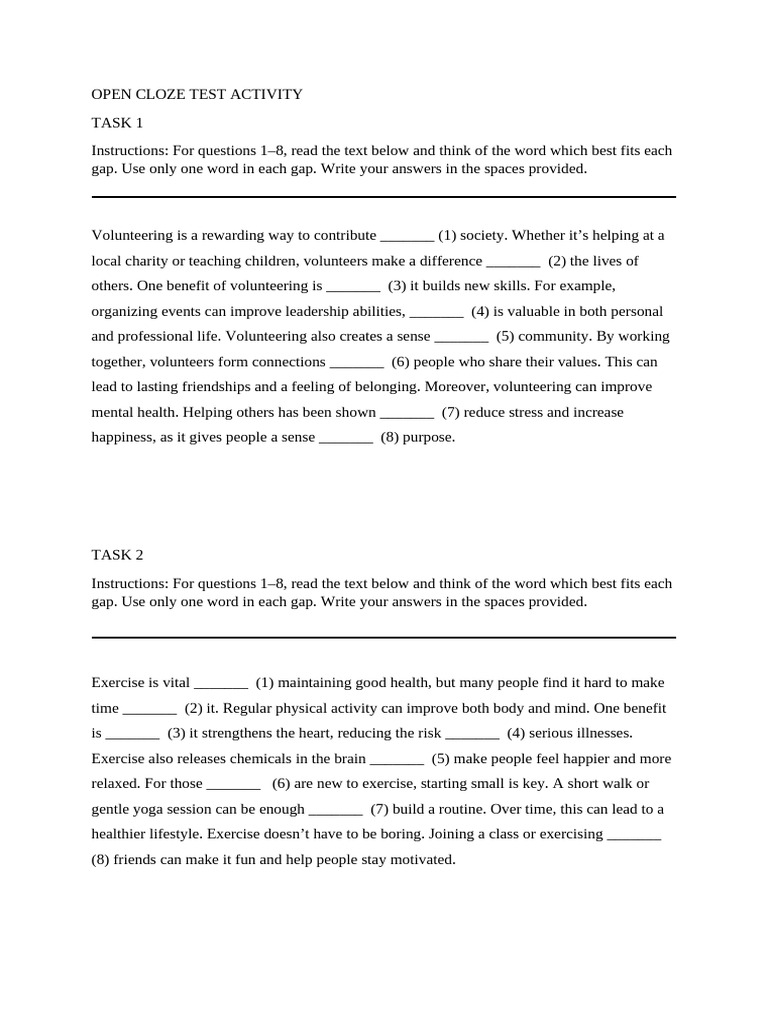 Open Cloze Test for Volunteering & Exercise | PDF | Volunteering | Verb