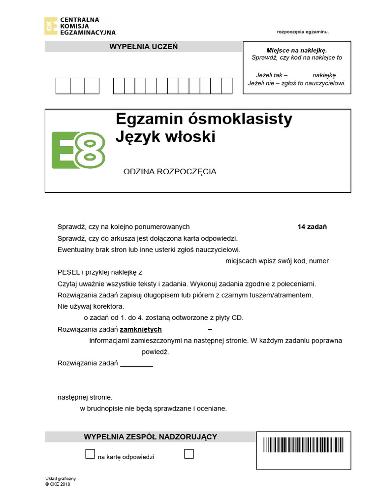 Arkusz Jezyk Wloski Egzamin Osmoklasisty 2023 | PDF