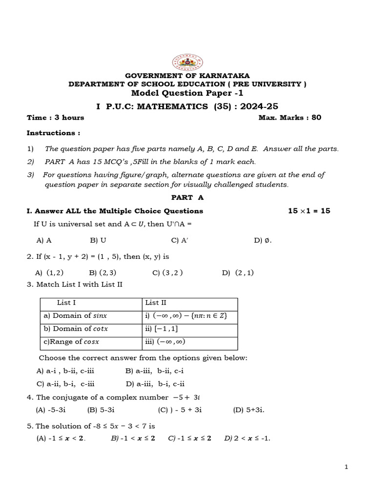 1st Puc Question Papers | PDF | Analytic Geometry | Geometry