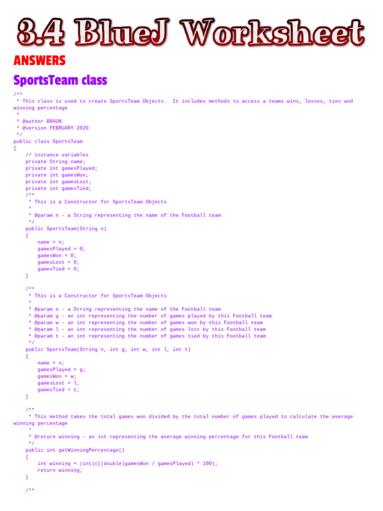 3.4 Answer Key Bluej - Worksheet | PDF | Method (Computer Programming ...