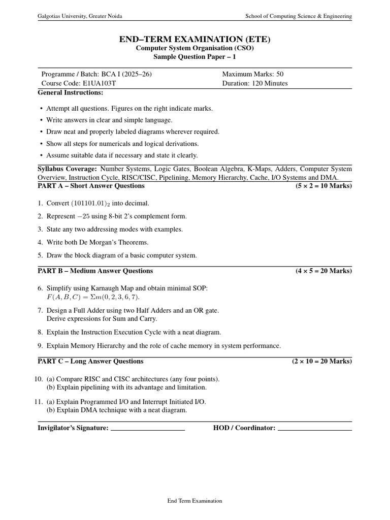 BCA Computer System Exam Sample Paper | PDF