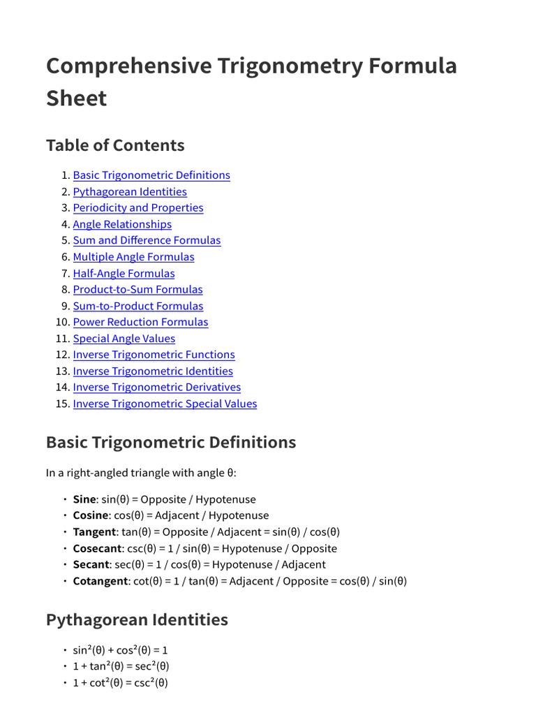 Trigonometry Formula Sheet | PDF | Trigonometric Functions | Trigonometry