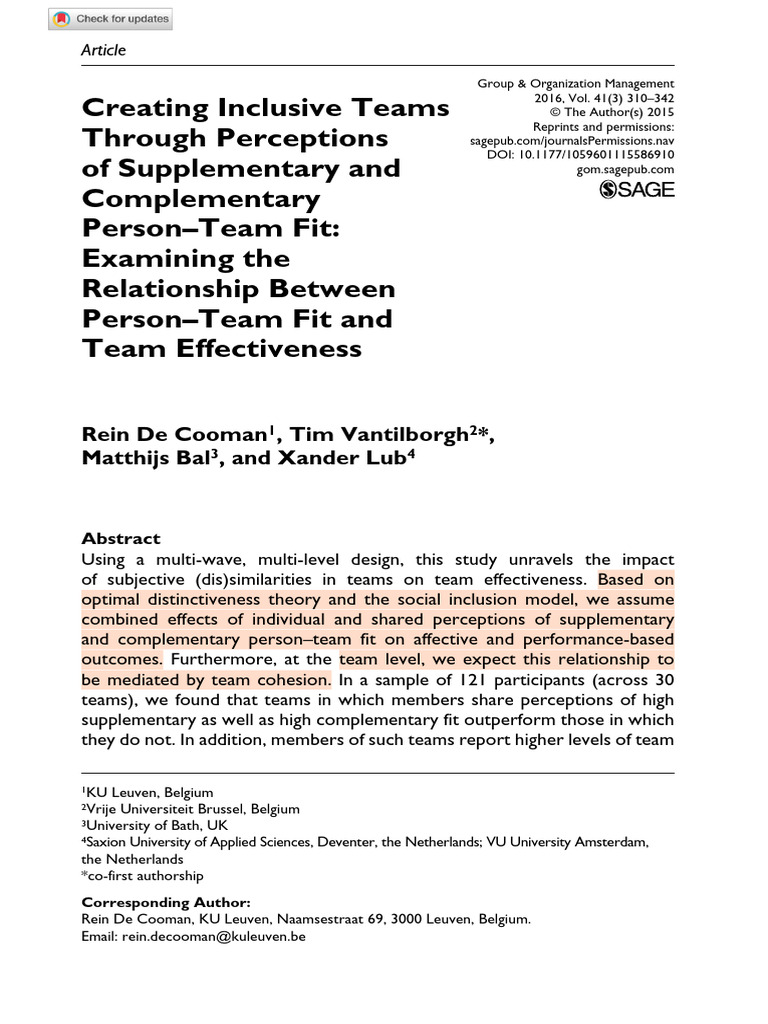 Creating Inclusive Teams Through Perceptions of Supplementary and ...