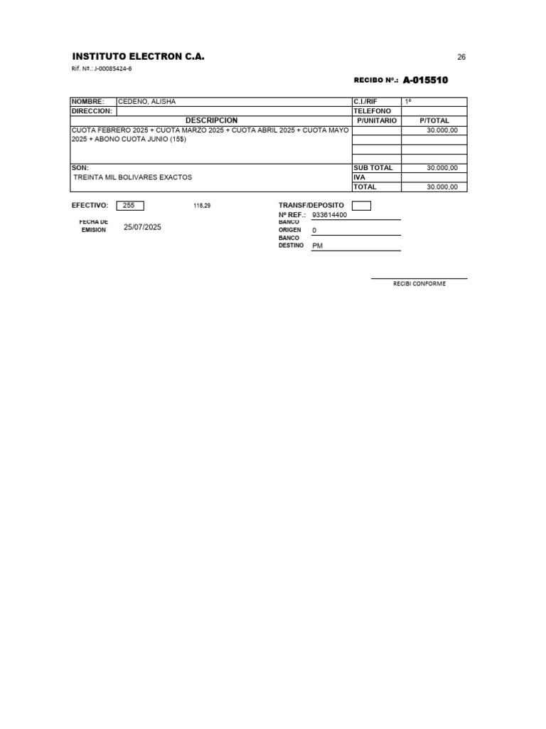 Recibo A 015510 Cedeno Alisha | PDF