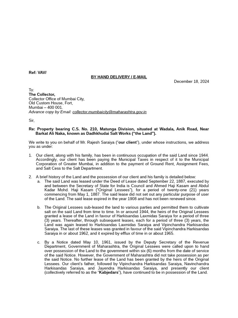 [Revised Draft] Letter to the Collector - Rajesh Saraiya - January 10, 2025 | PDF | Lease ...