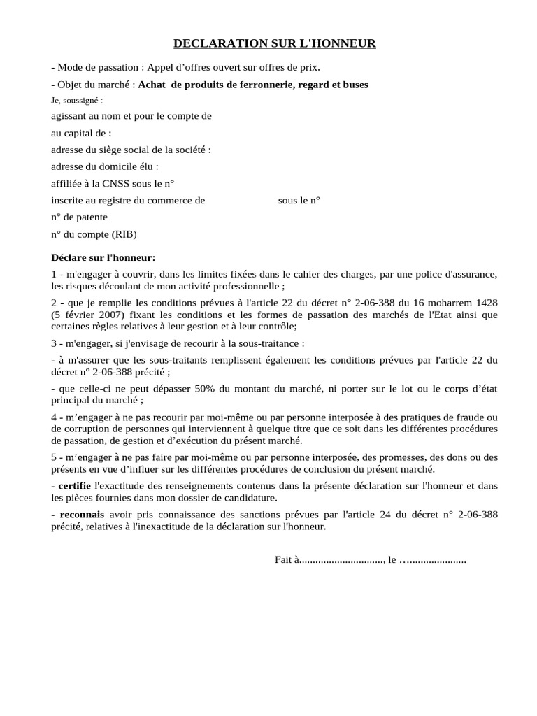 Déclaration sur l'honneur pour marché public | PDF