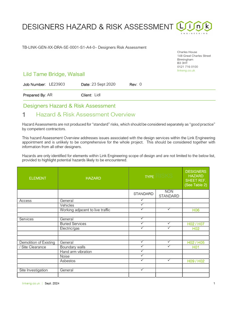 Tb Link Gen Xx Dra Se 0001 s1 a4 0 Designers Hazard & Risk Assessment ...