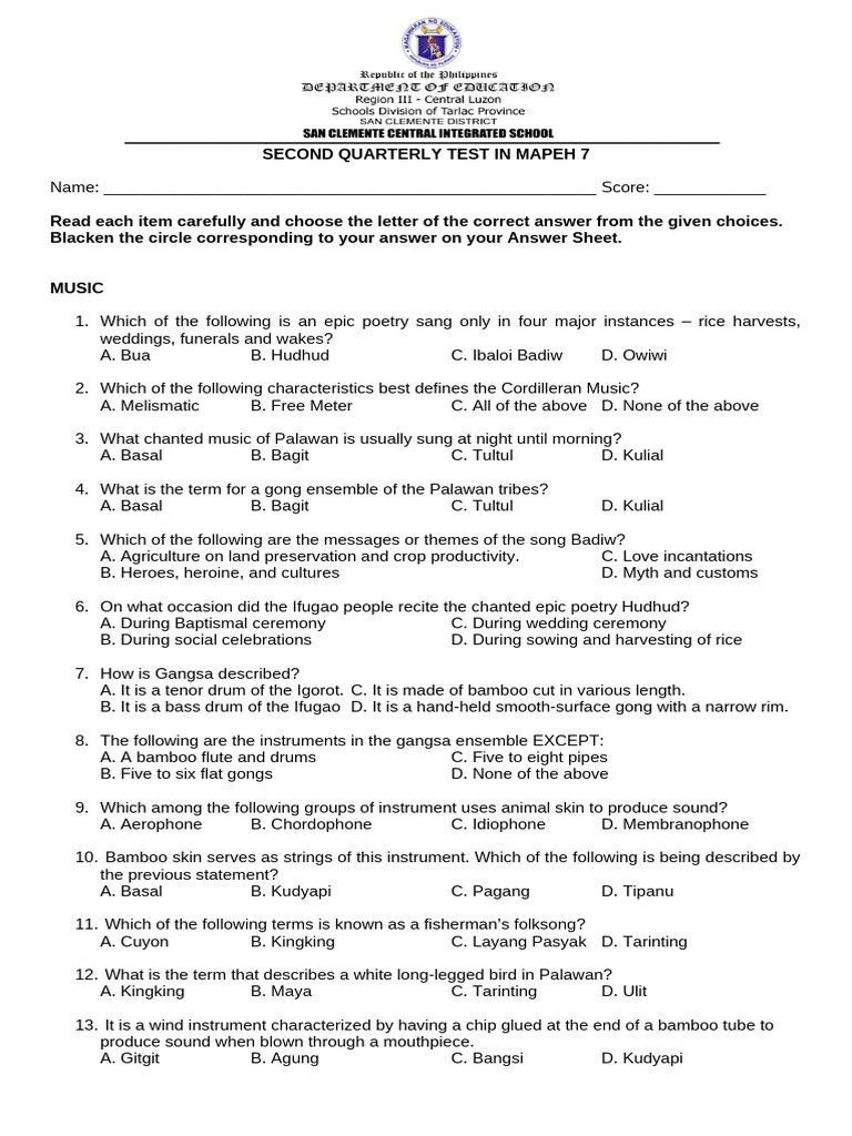 QUARTERLY-TEST-with-TOS-2nd-MAPEH-7 | PDF