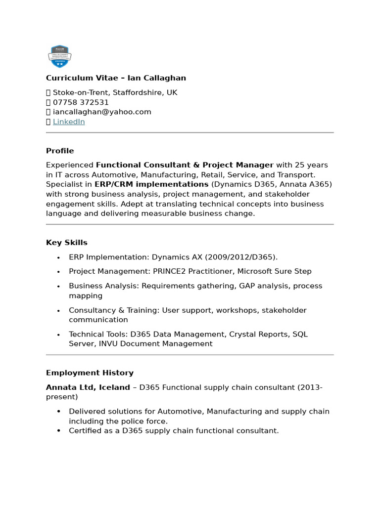Summary CV For Ian Callaghan | PDF | Enterprise Resource Planning ...
