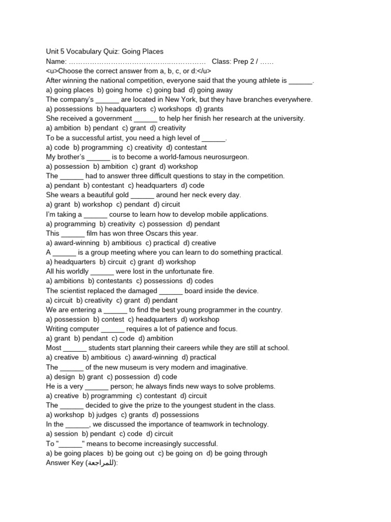 Unit 5 Vocabulary Quiz- Going Places | PDF | Chess Theory | Chess