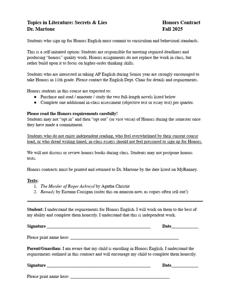 Topics in Literature Secrets Lies HONORS CONTRACT | PDF