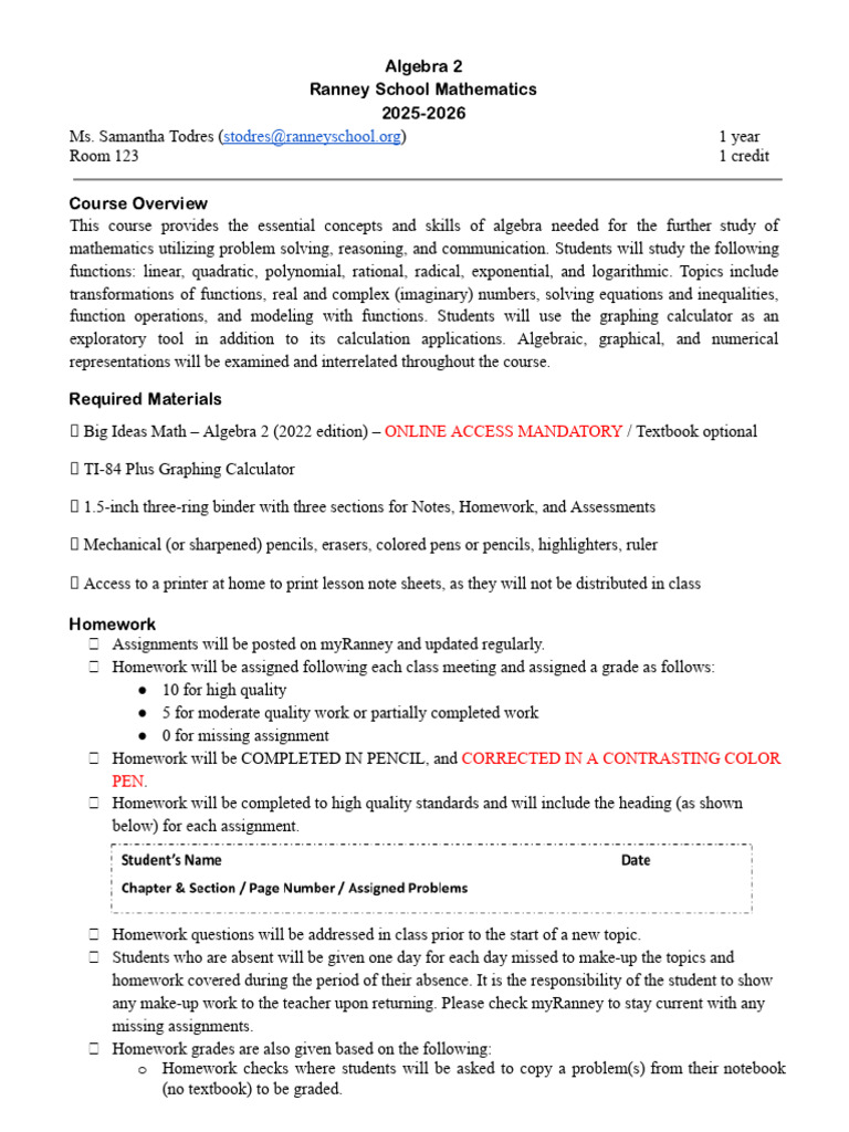 2025 2026 Syllabus Algebra 2 | PDF | Quadratic Equation | Polynomial