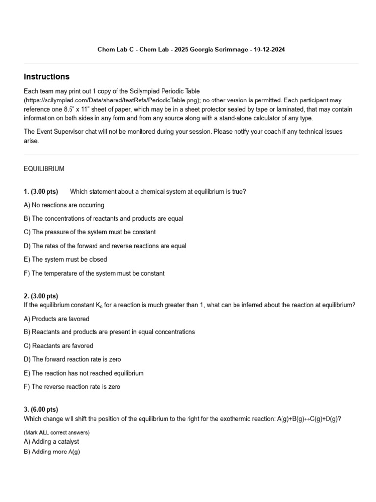 2025 GA Scrimmage - Chemistry Lab - Test | PDF | Chemical Equilibrium ...