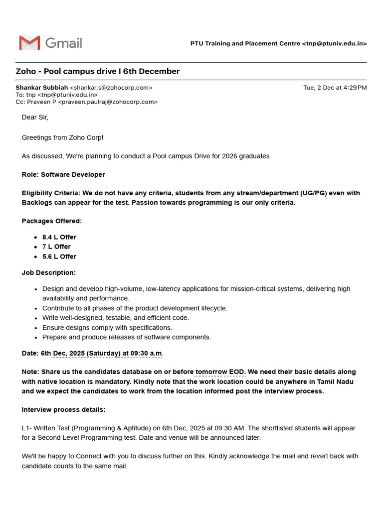 Zoho - Pool Campus Drive I 6th December | PDF