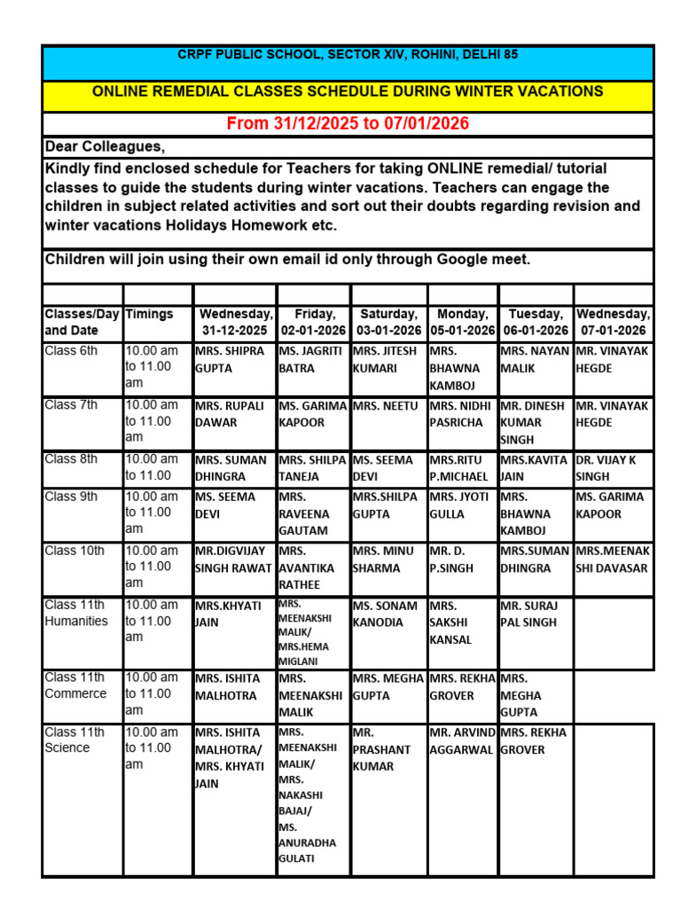 Winter Break Schedule for 6-12 Classes 2026 | PDF