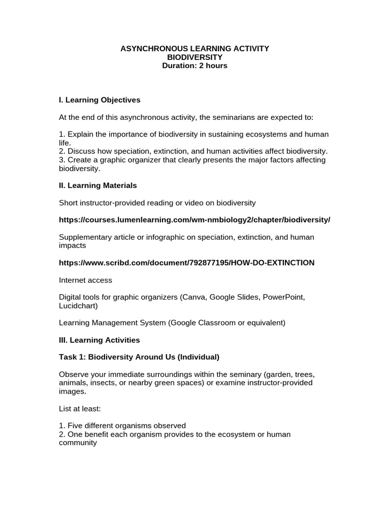 Biodiveristy Asynchronous Learning Activity | PDF | Biodiversity ...