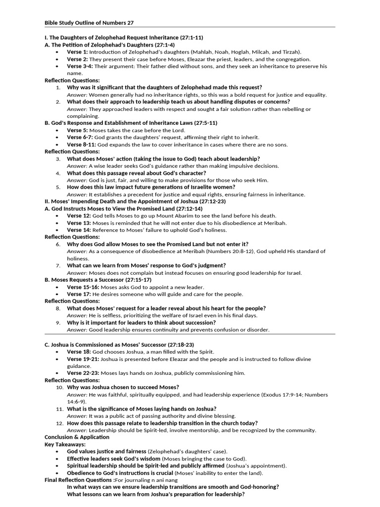 Bible Study Outline of Numbers 27 | PDF | Torah Books | The Exodus