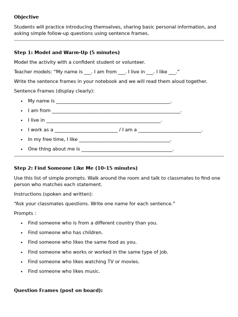 JJC ESL First Day Icebreaker Personal Information | PDF | Learning ...