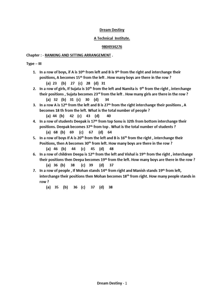 Reasoning - Ranking and Sitting Arrangements. Set _ 03. | PDF