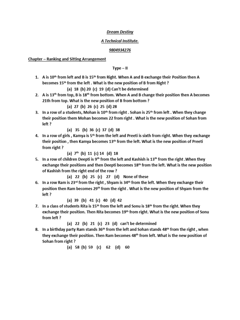Reasoning - Ranking and Sitting Arrangement _ Set _02. | PDF