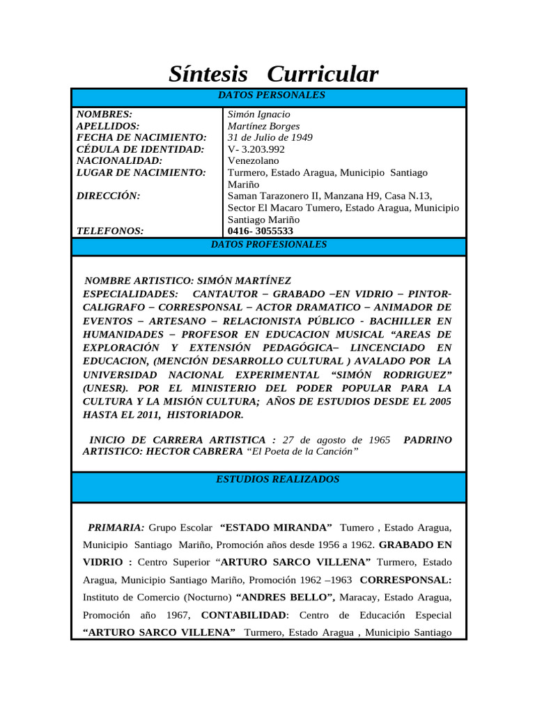 Síntesis Curricular Simon Martinez Marzo 2024 | PDF