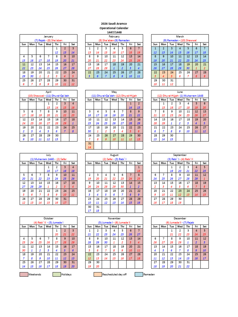 Saudi Aramco 2026 Operational Calendar | PDF | Shia Islam | Islamic ...