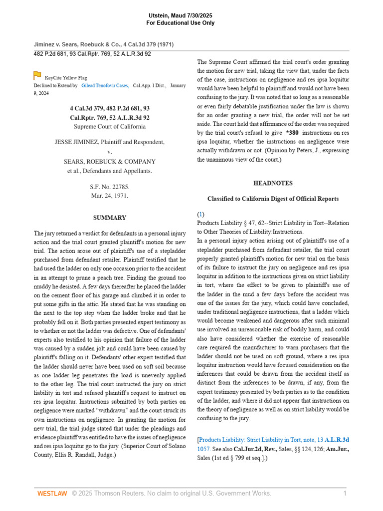 Jiminez v. Sears, Robuck & Co | PDF | Negligence | Product Liability